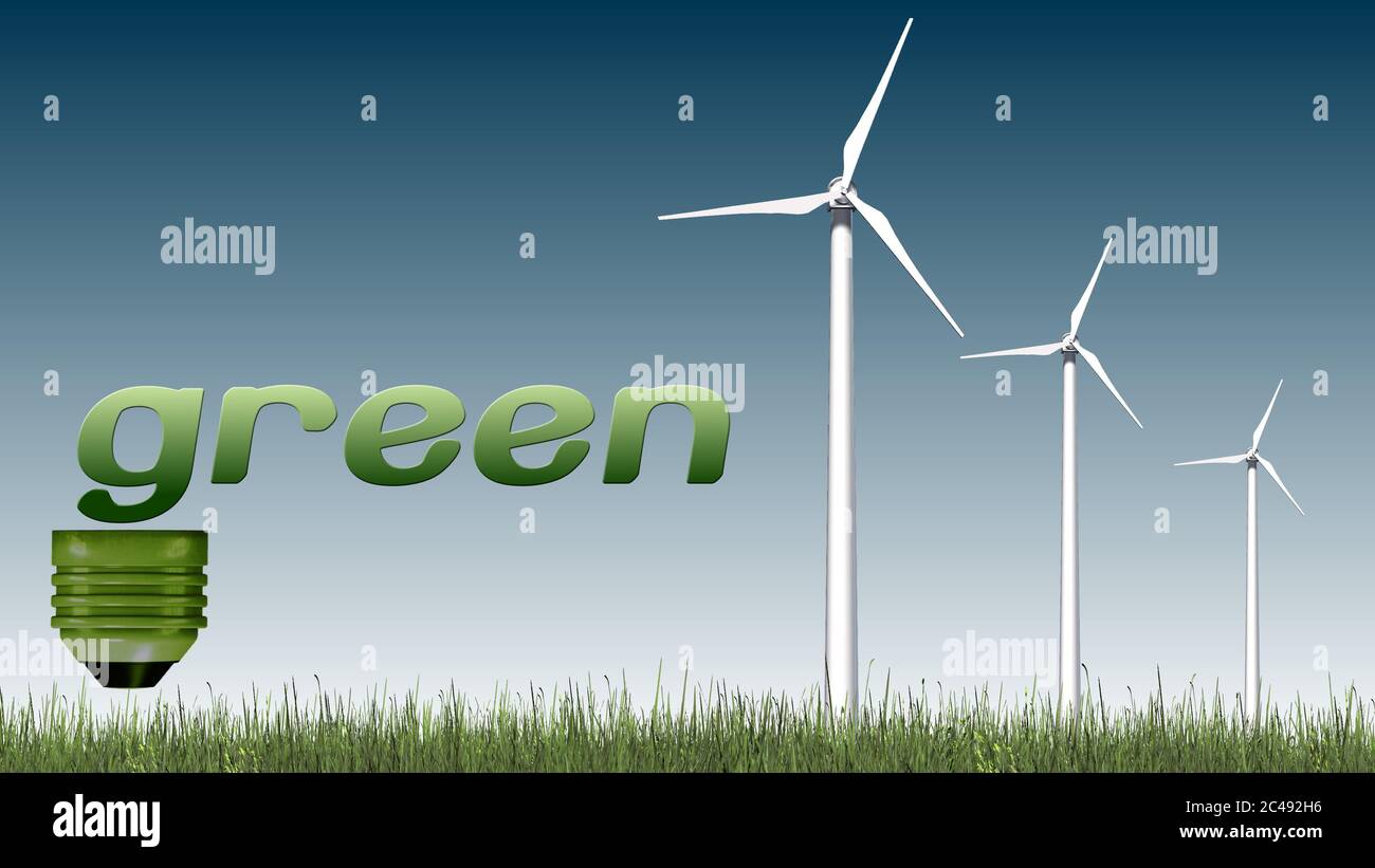 Lettering Green and wind turbines in front on a blue sky background ...