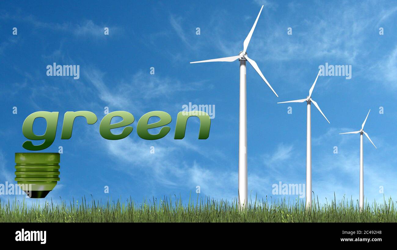 Lettering Green and wind turbines in front on a blue sky background ...