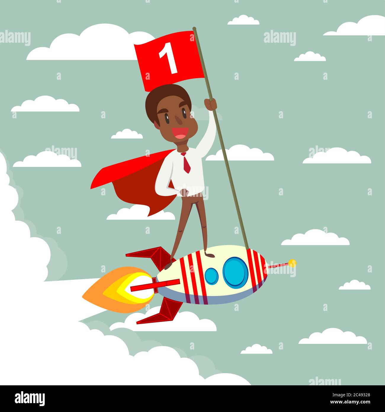 Happy businessman holding number one flag standing on rocket ship ...