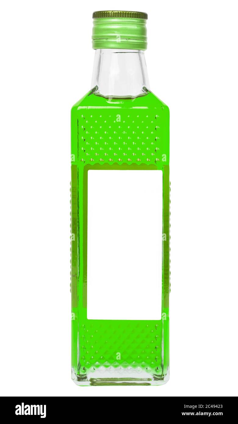 small rectangular glass bottle with acid green liquid isolated on white ...
