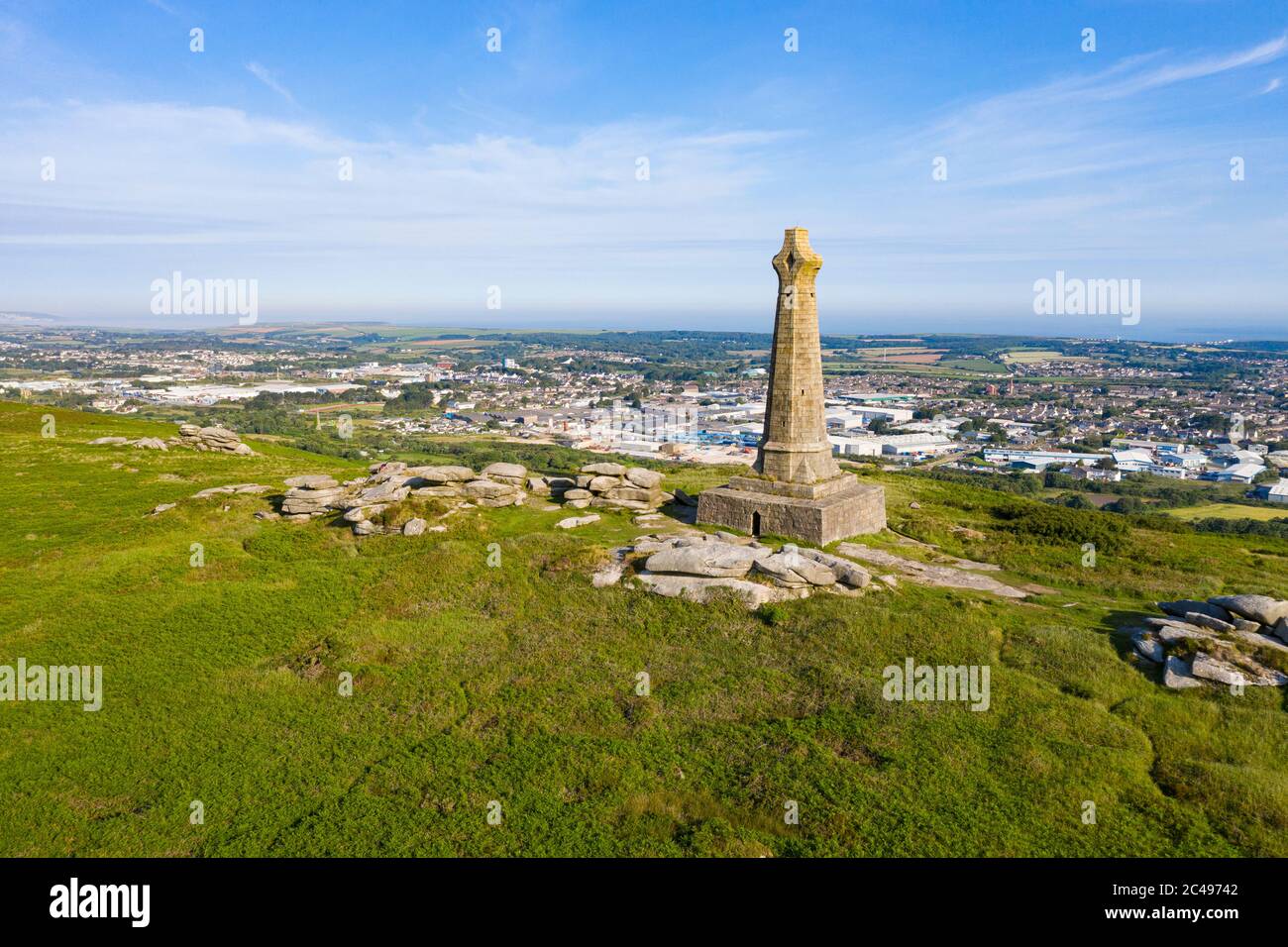 Aerial photograph of Carn Brea, Redruth, Cornwall, England, United ...
