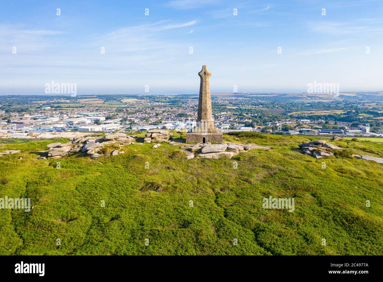 Aerial photograph of Carn Brea, Redruth, Cornwall, England, United ...
