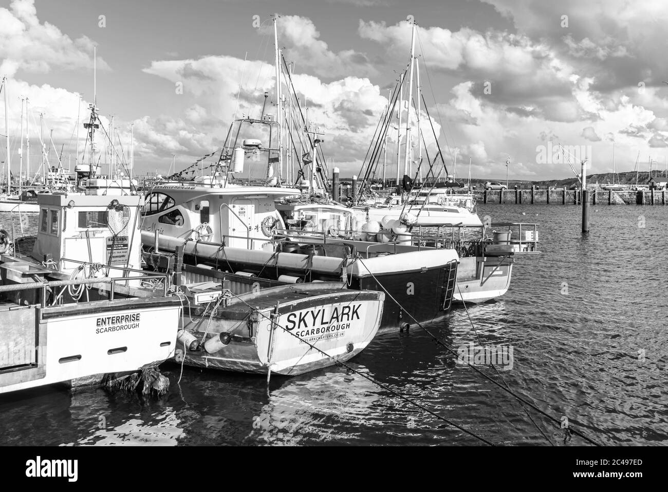 Fishing boats are moored together alongside a wharf. In the distance ...