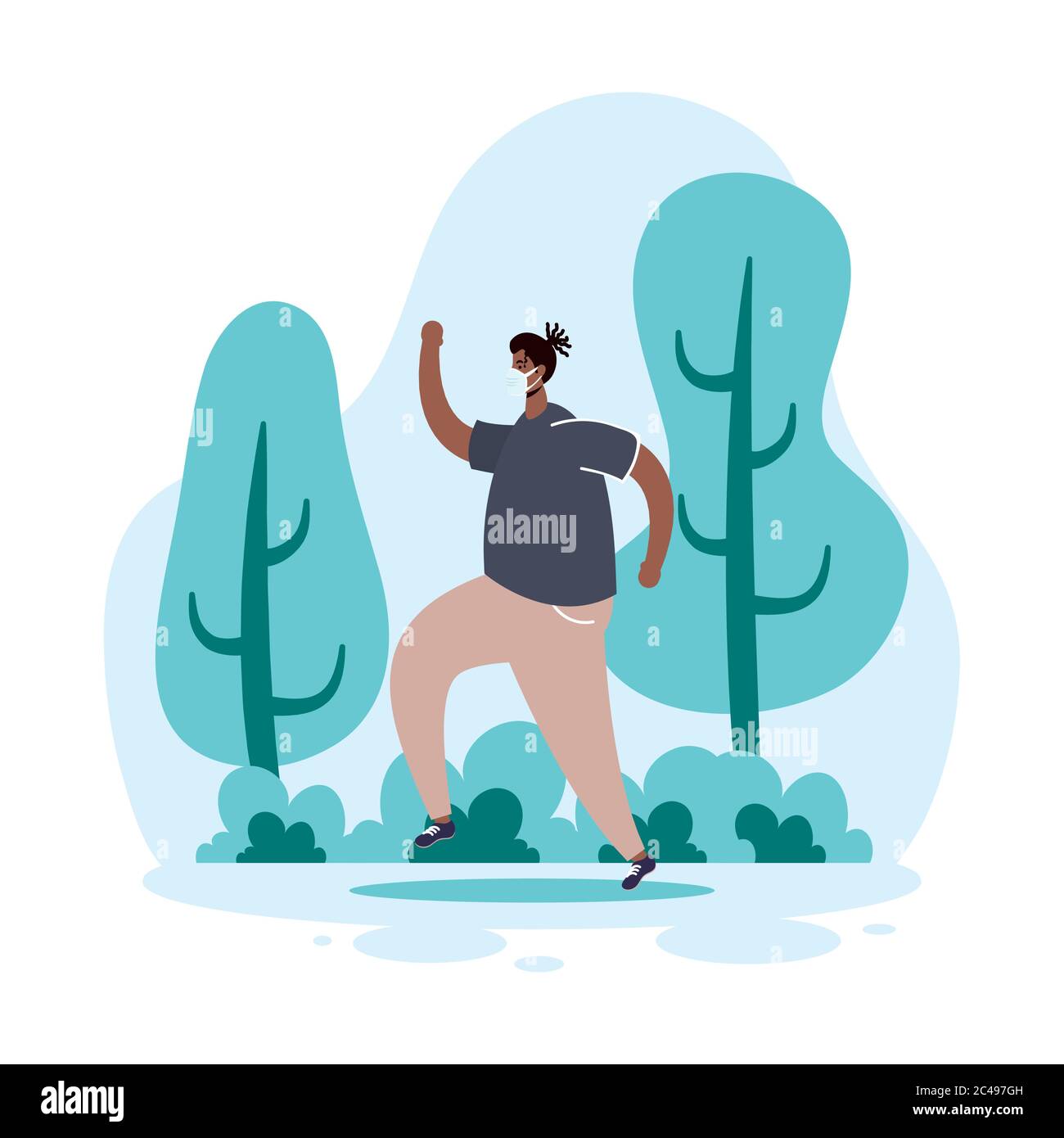 afro man wearign medical mask running in park scene vector illustration ...