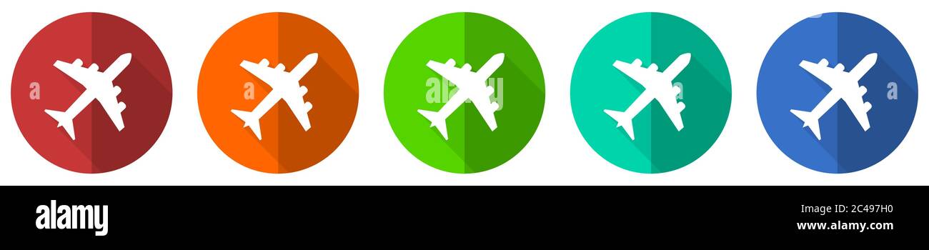 Flight icon set, plane, aircraf, red, blue, green and orange flat ...