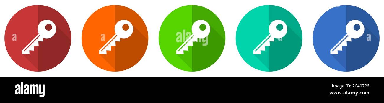 Key icon set, red, blue, green and orange flat design web buttons ...