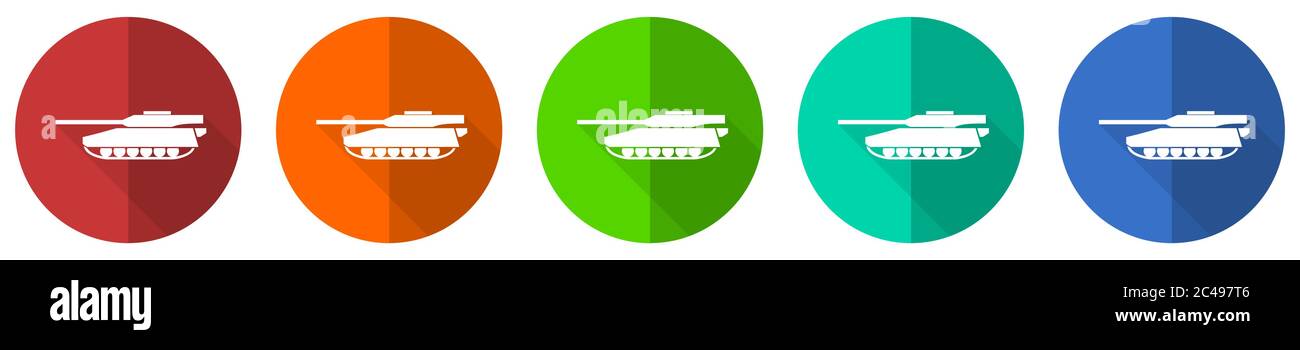 Tank icon set, army, military, war vehicle, red, blue, green and orange ...
