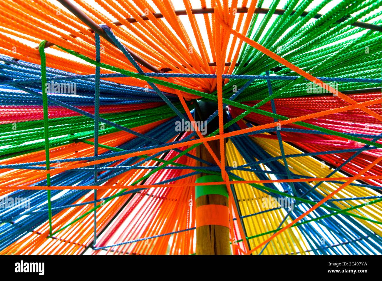 Colourful parasol shade umbrella made from coloured string rope Madrid ...