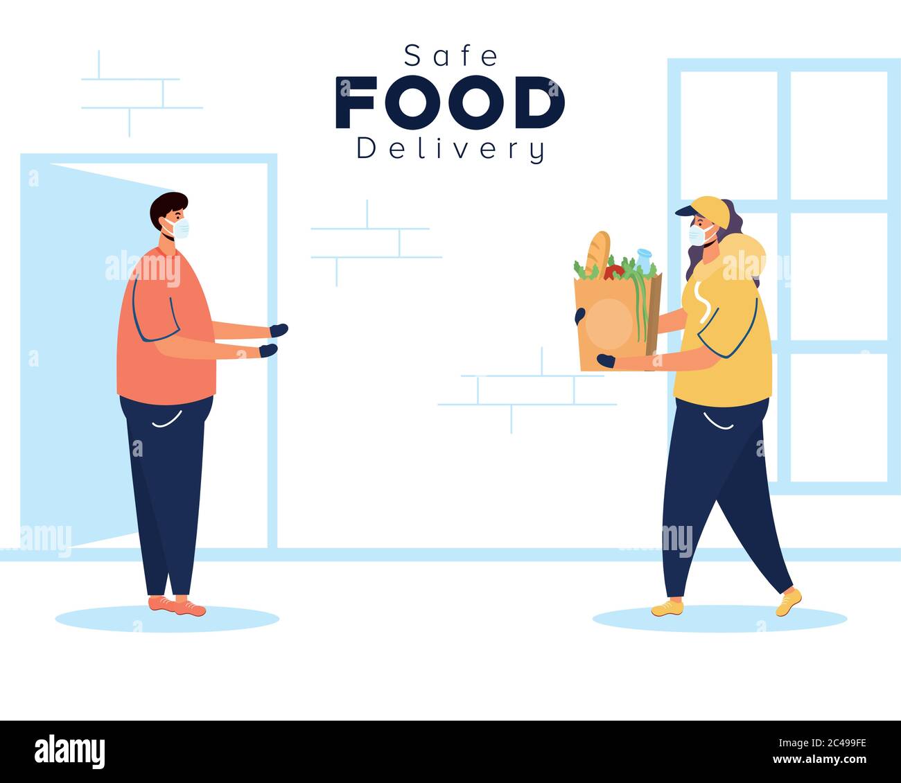 safe food delivery female worker with groceries bag and client vector ...