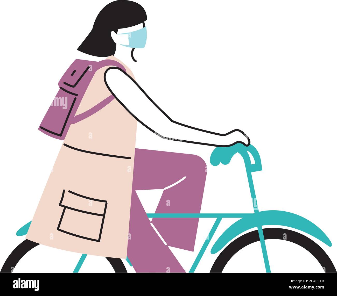 young woman with mask riding bicycle vector illustration desing Stock ...