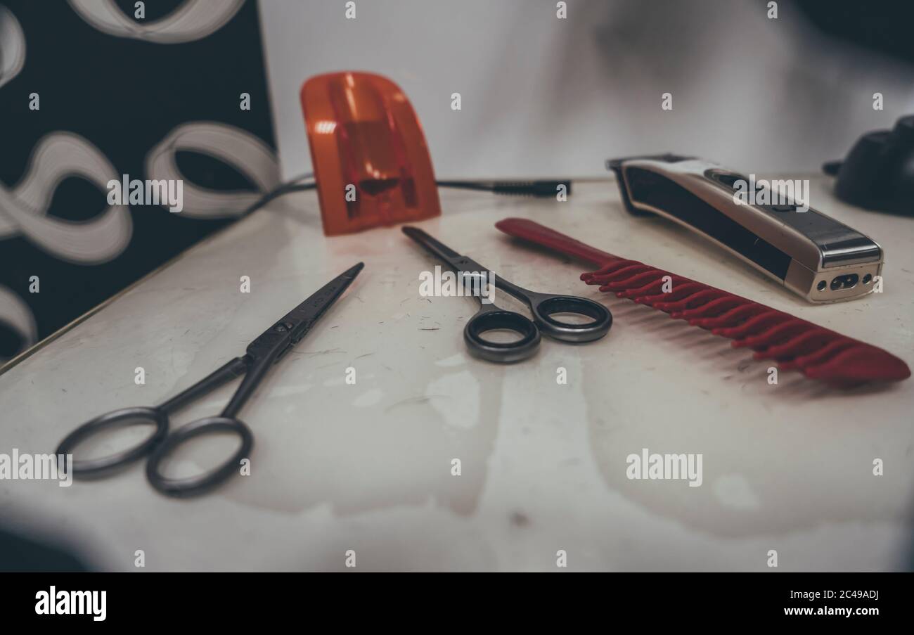 Barber shop equipment on desk. Professional hairdressing tools ...