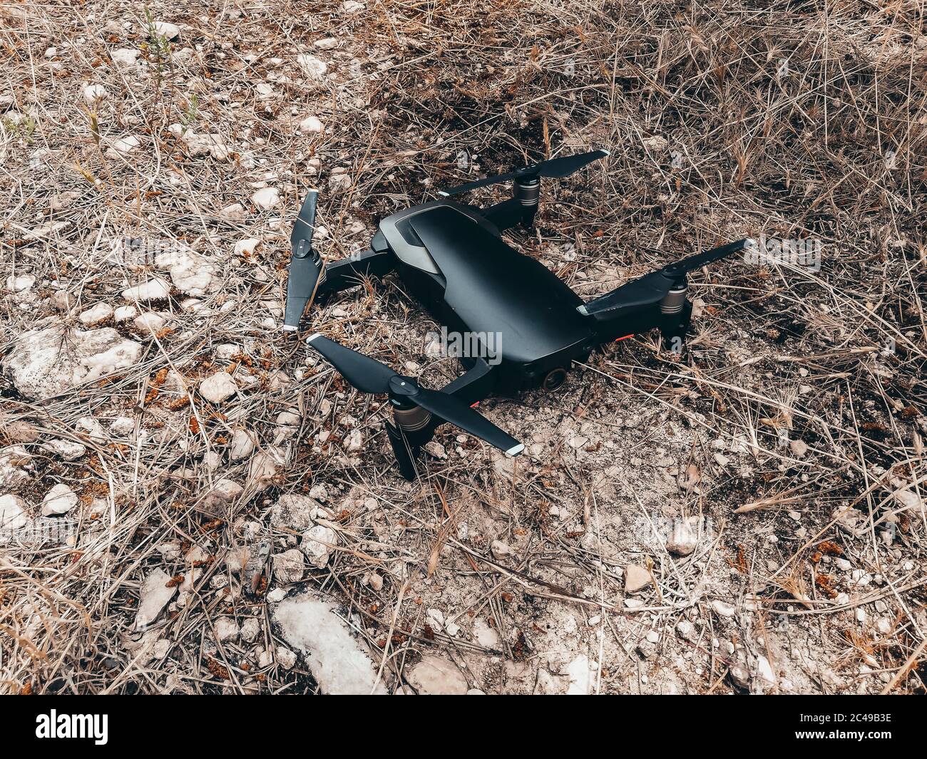 drone stands on ground ready to fly. in forest. Close up view Stock ...