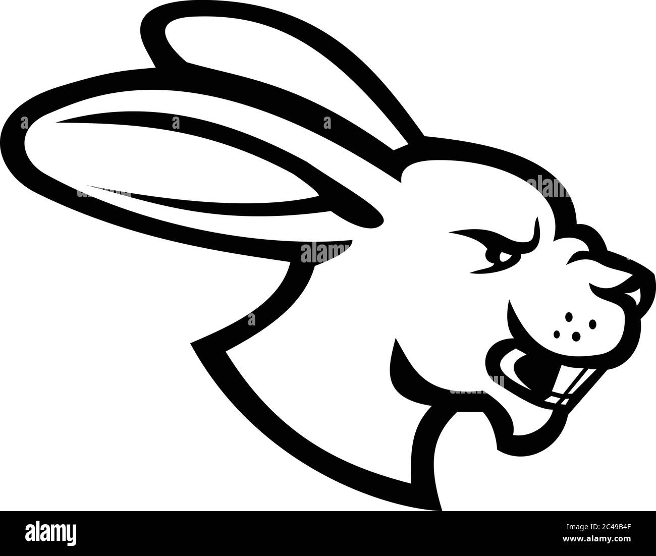 Black and white illustration of head of an angry hare, jackrabbit or ...
