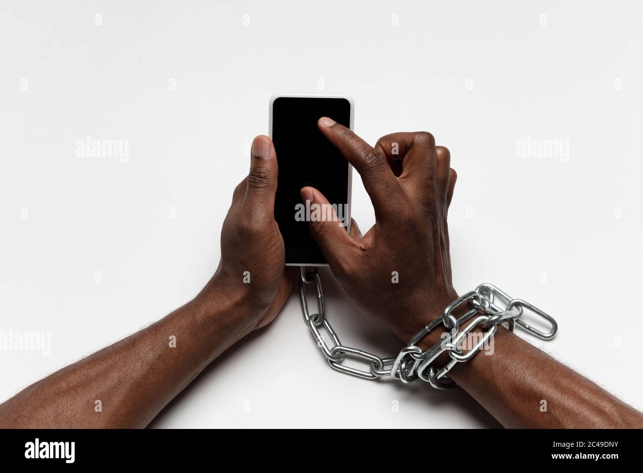 Close up of human hands using smartphone isolated on white background ...