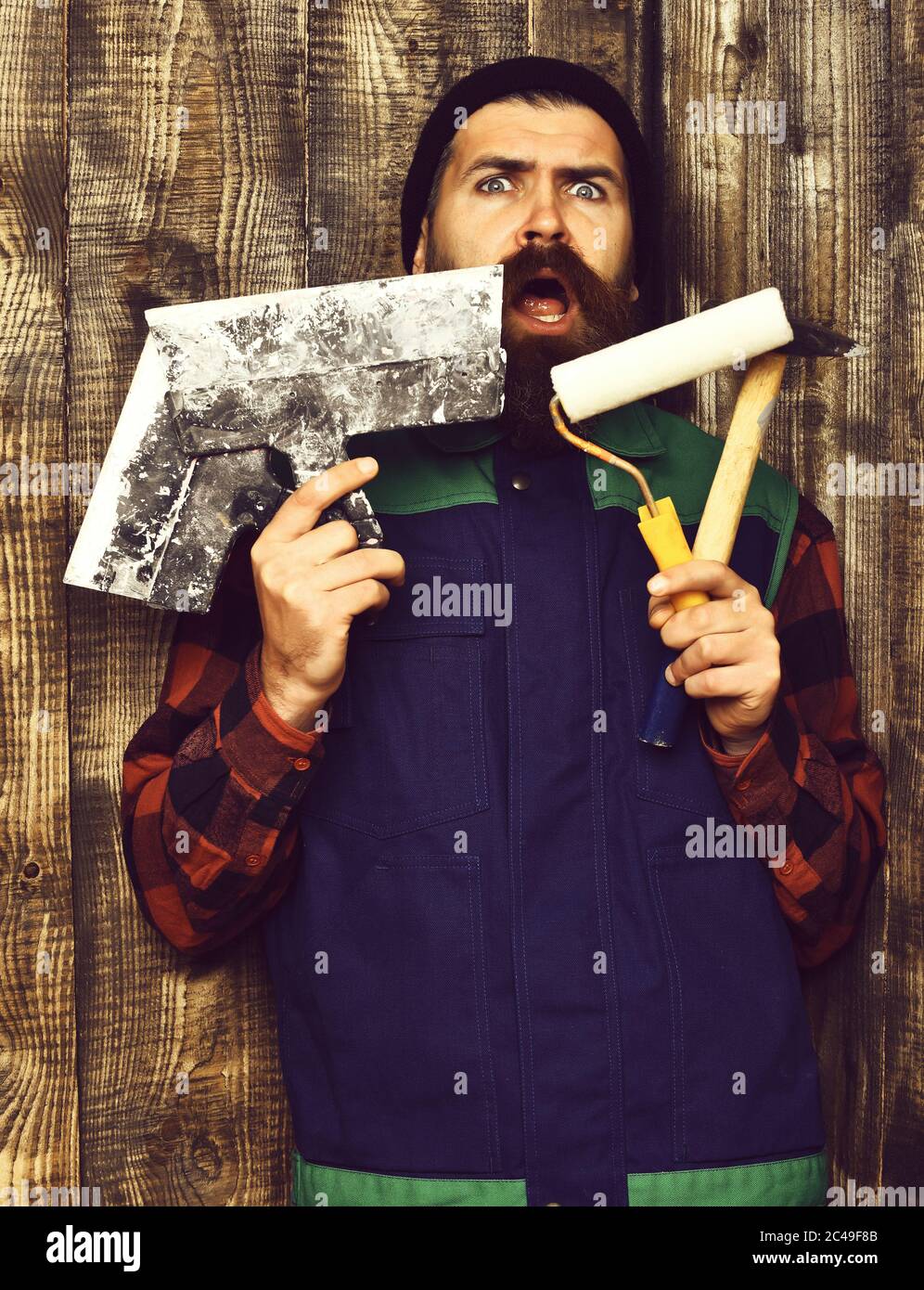bearded builder man, long beard, brutal caucasian hipster with ...