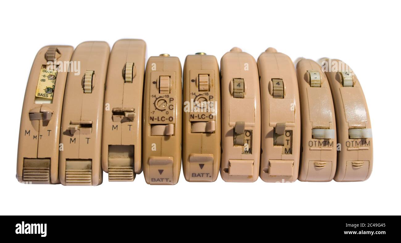Old and heavily used hearing aids Stock Photo - Alamy