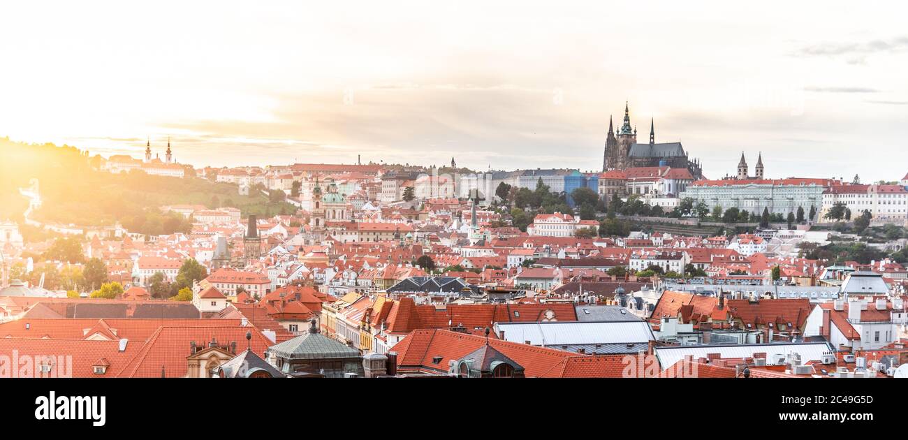 Evening sunset in Prague. Prague Castle illuminated by sun flare, Czech ...