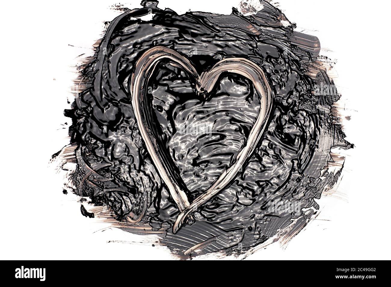 Liquid bitumen blot with a heart shape in it. Isolated on white Stock ...