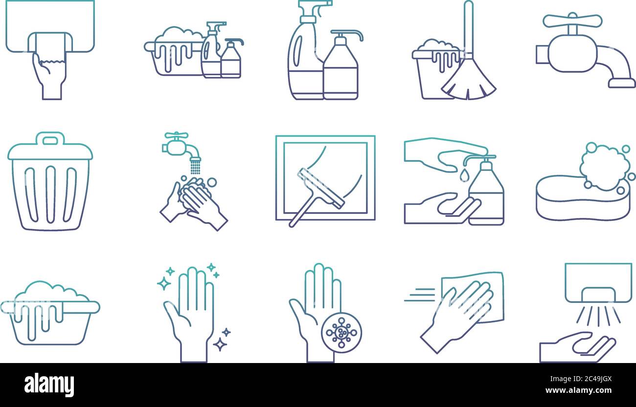degraded line style icon set design, Cleaning service and covid 19 ...