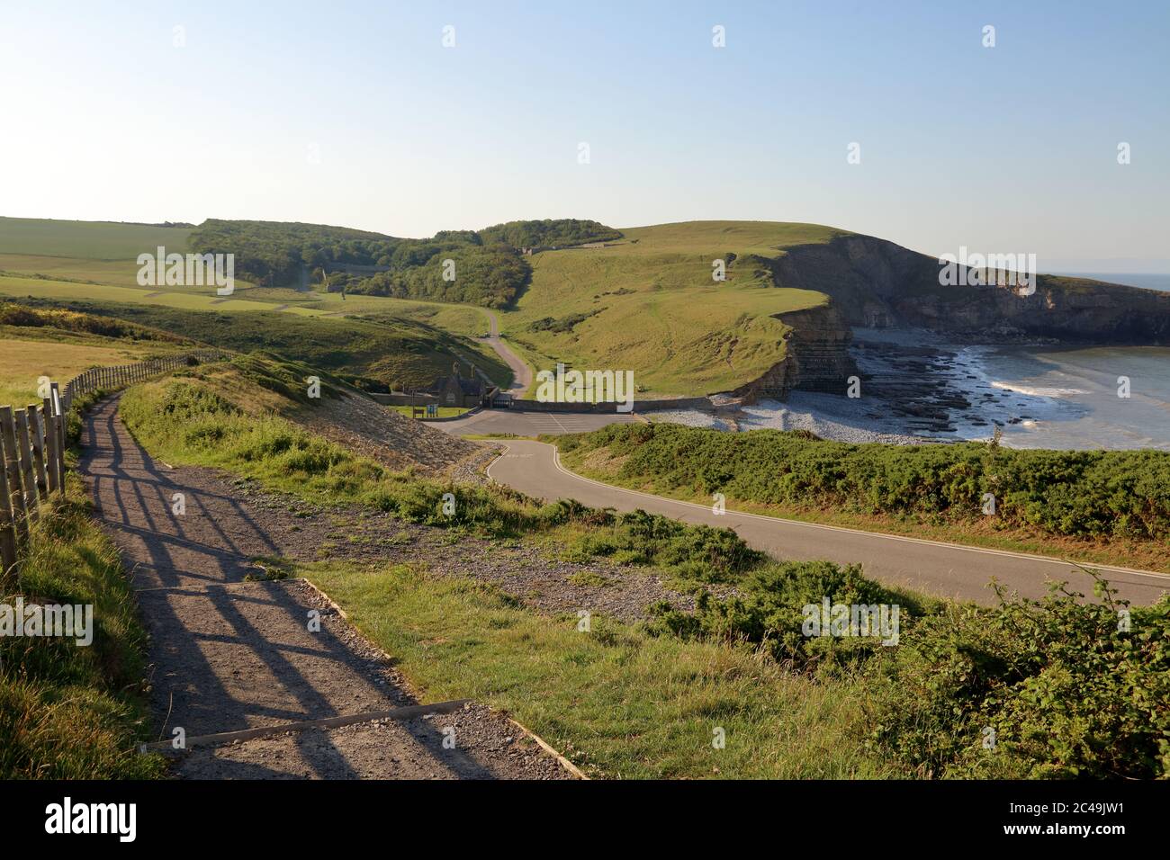 A long view of the old Dunraven castle ruins and walled garden on the ...