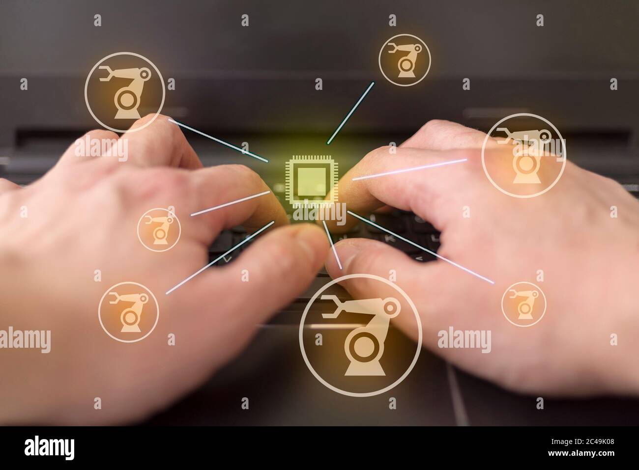 Hand on the keyboard and icons with technology. The concept of future ...
