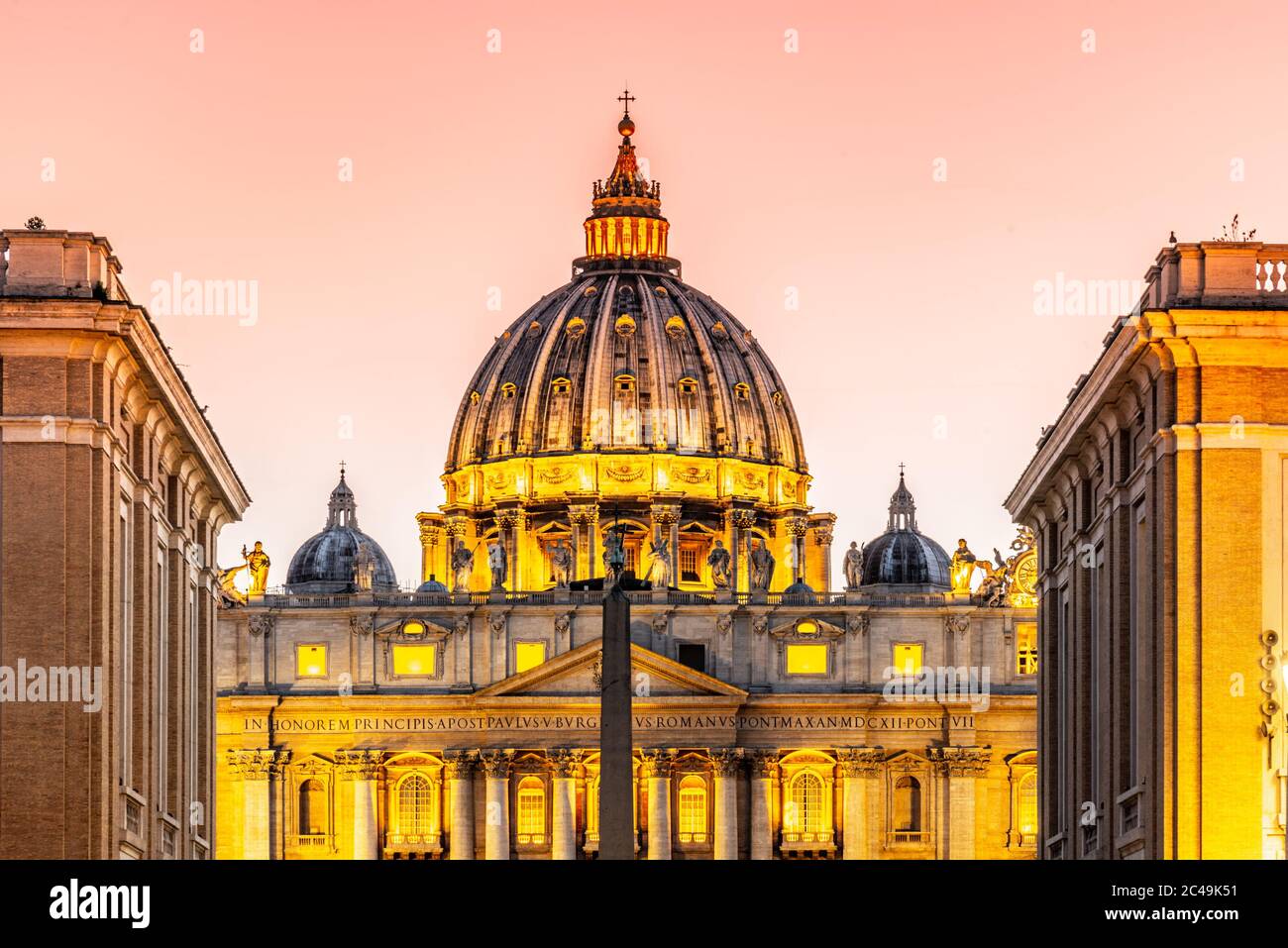 Dome of St Peters Basilica in Vatican City, Rome, Italy. Illuminated by ...