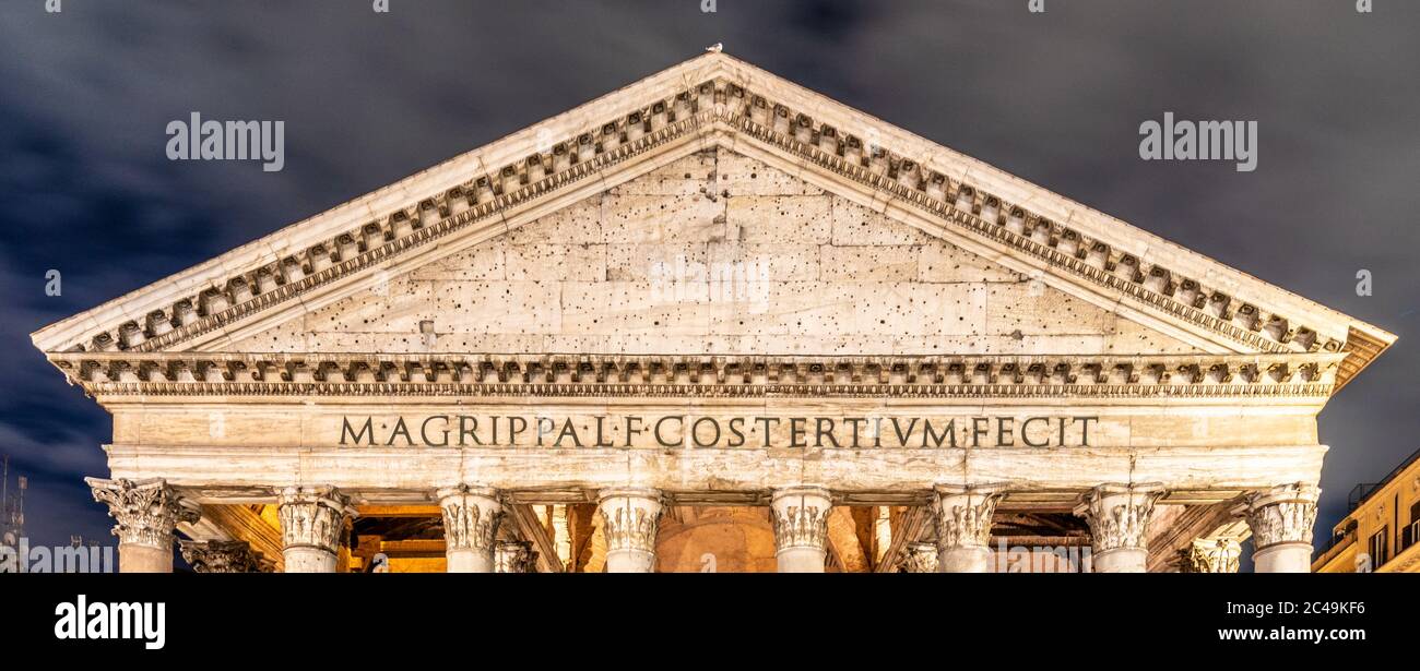 Pantheon - former Roman temple. Detailed view of tympanum. Piazza della ...