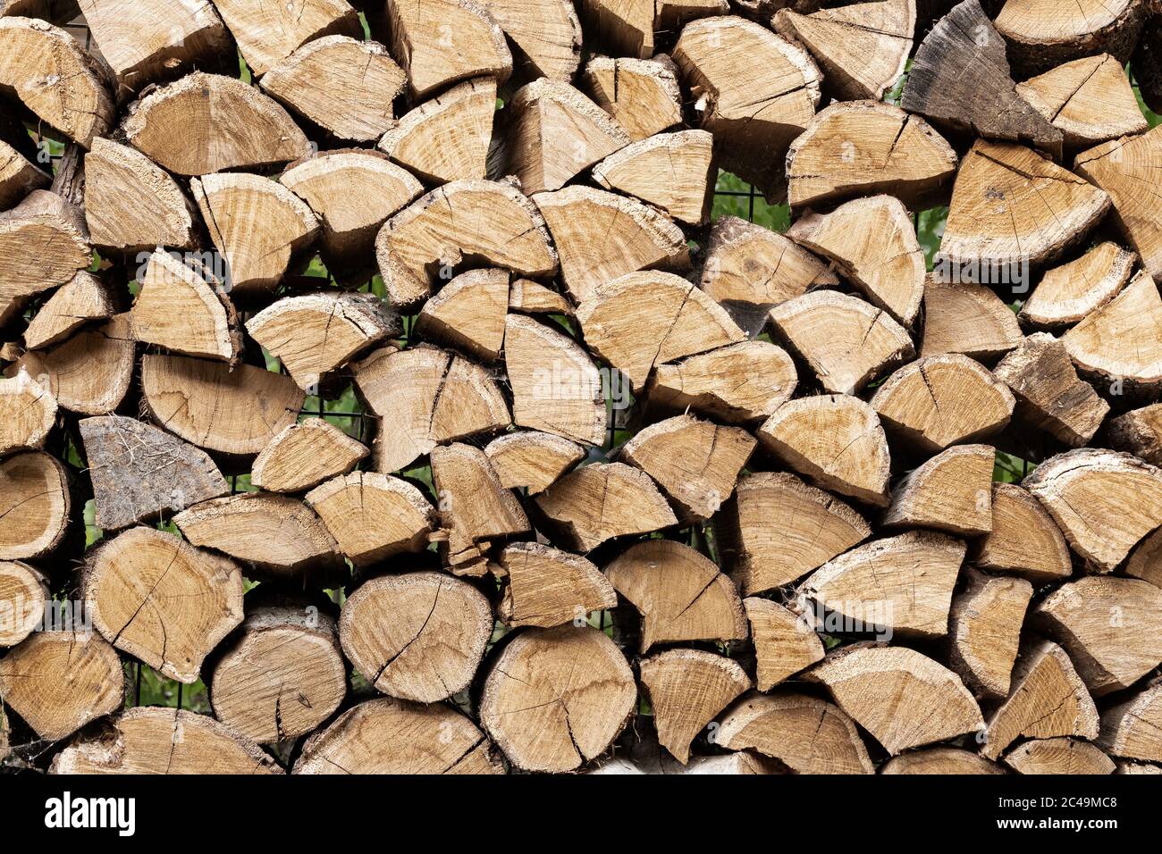 Chopped firewood storage under shed and oak wooden tree logs prepared ...