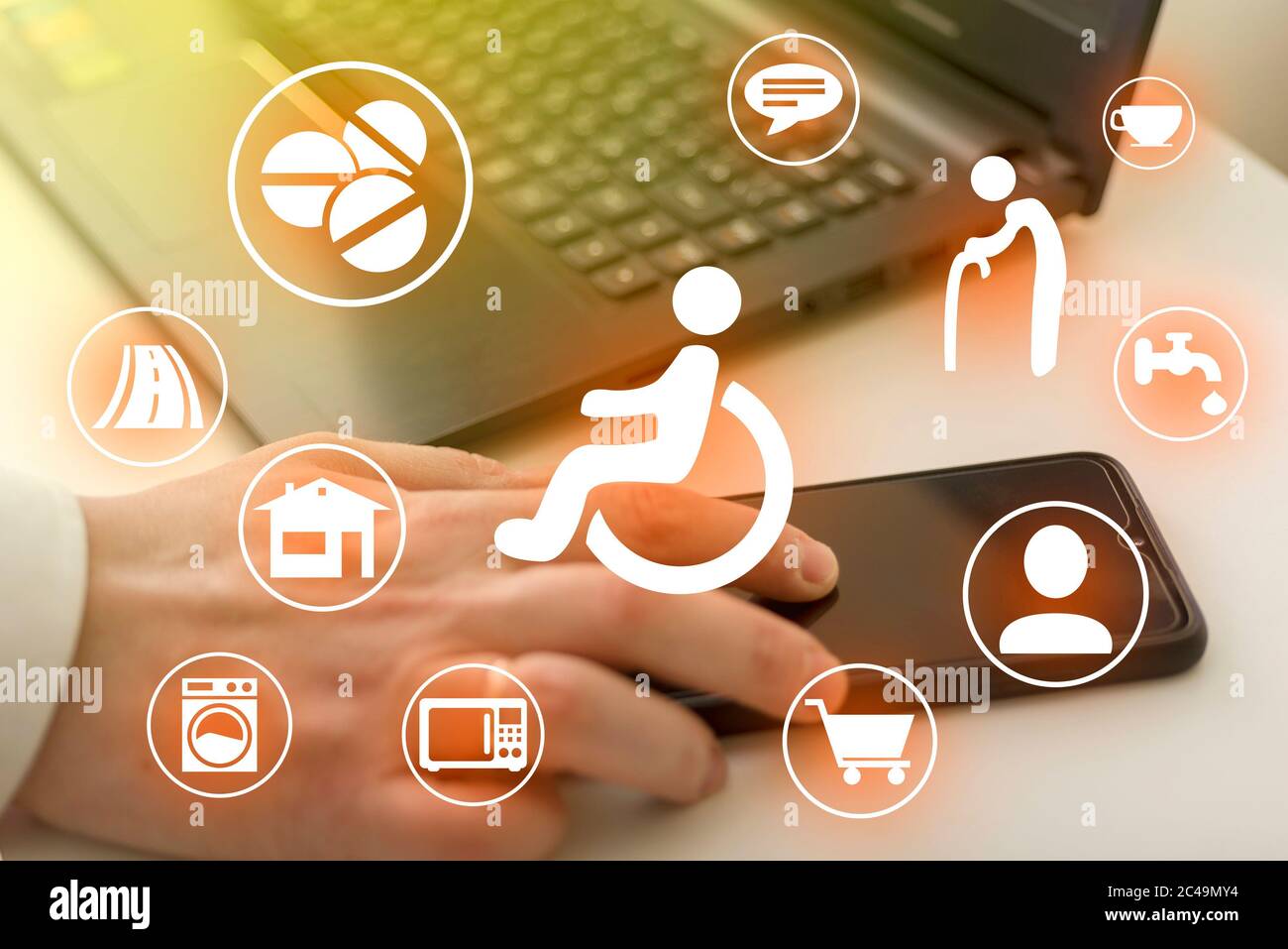 Disabled icons on the computer background. Assistance to the disabled ...