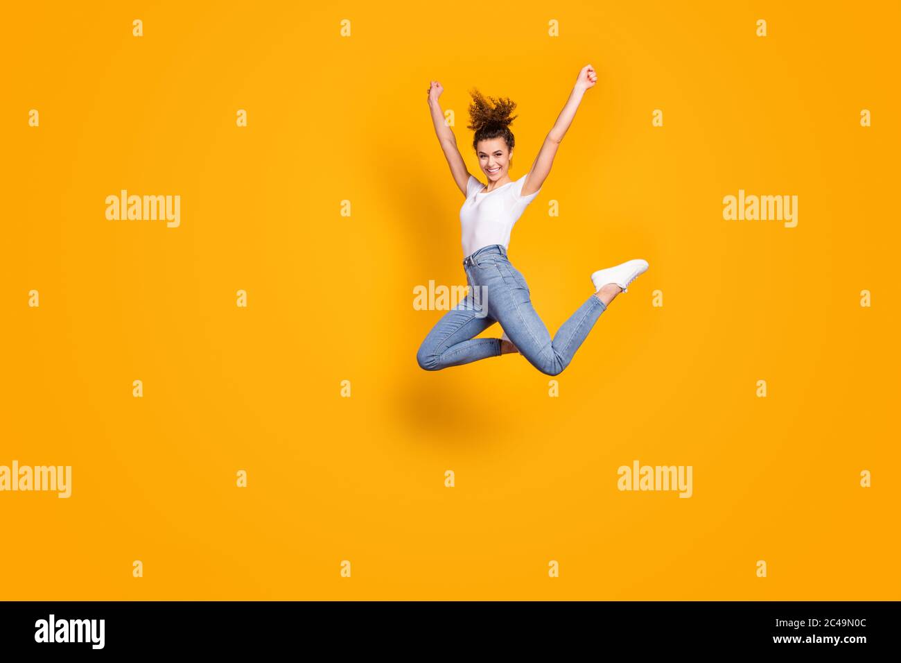 Full length profile photo of crazy lady jumping high up competitions ...