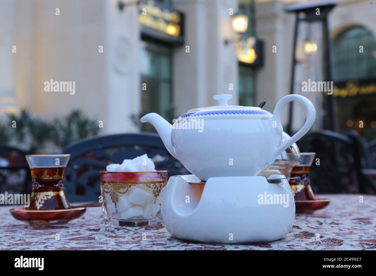 Turkish tea in traditional glass on table Stock Photo - Alamy