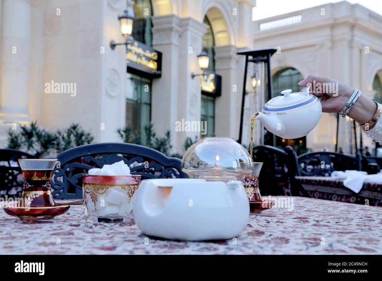 Turkish tea in traditional glass on table Stock Photo - Alamy