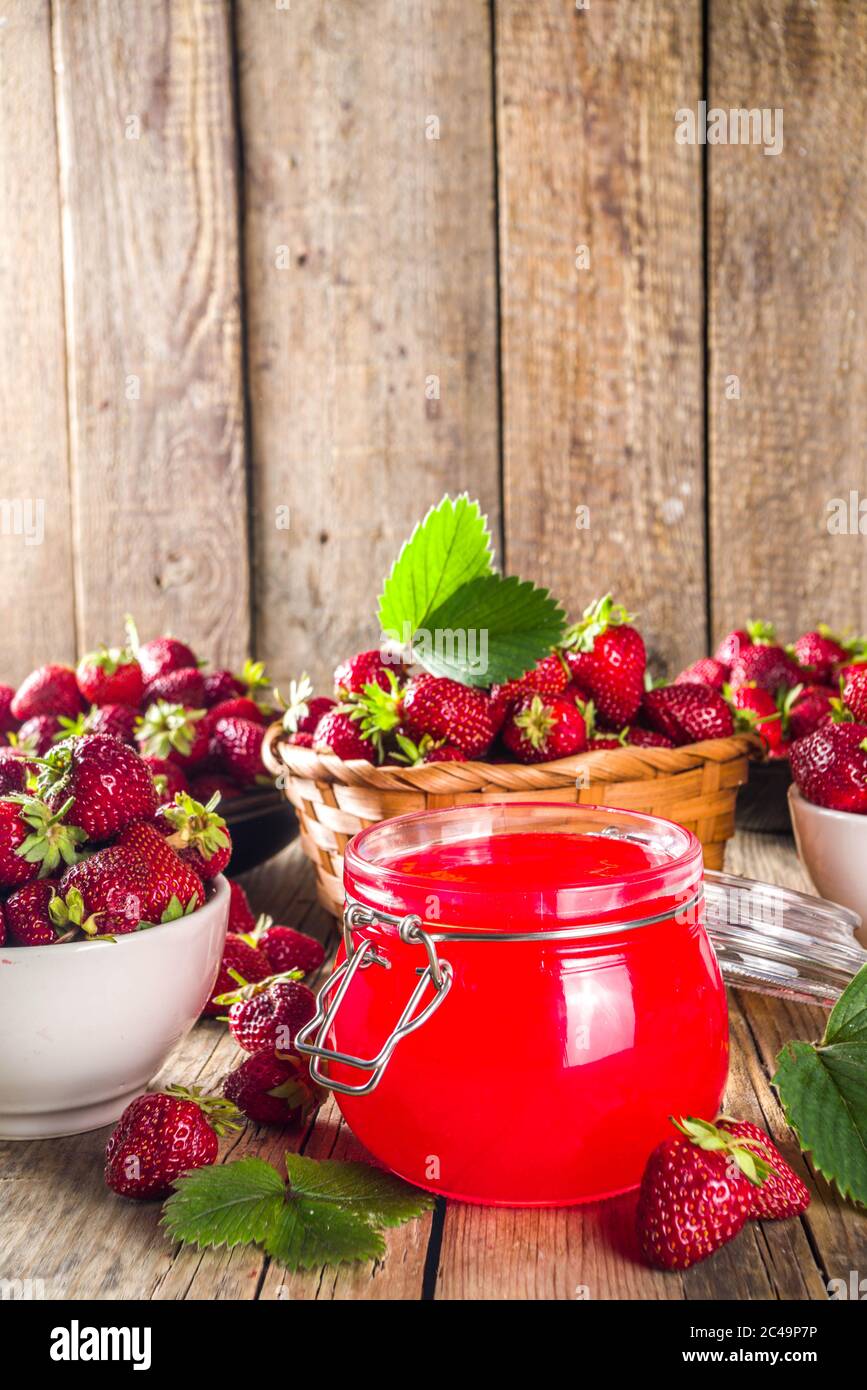Homemade summer conserve, fruit berry preservation. Strawberry jam ...
