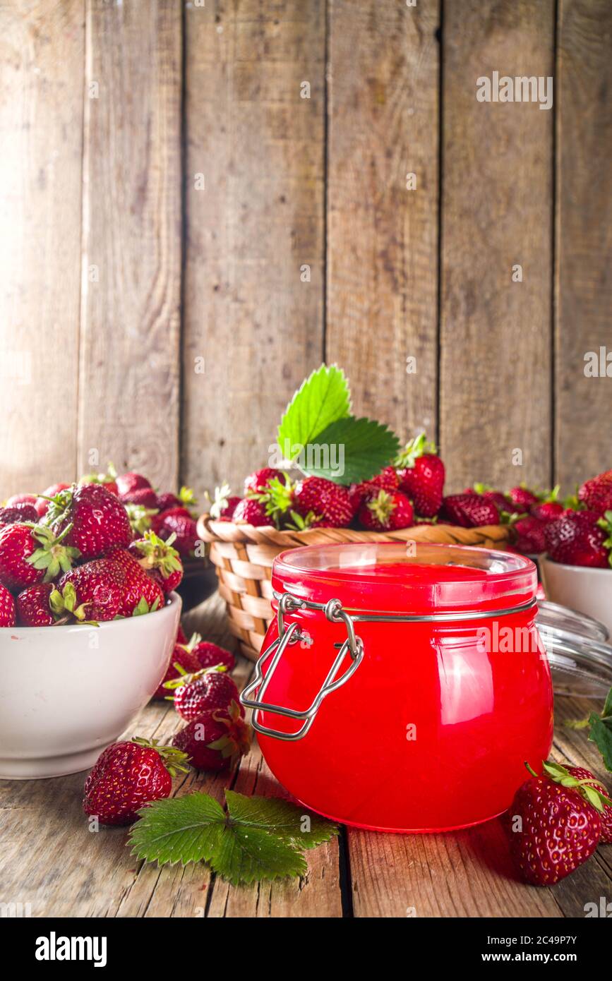 Homemade summer conserve, fruit berry preservation. Strawberry jam ...
