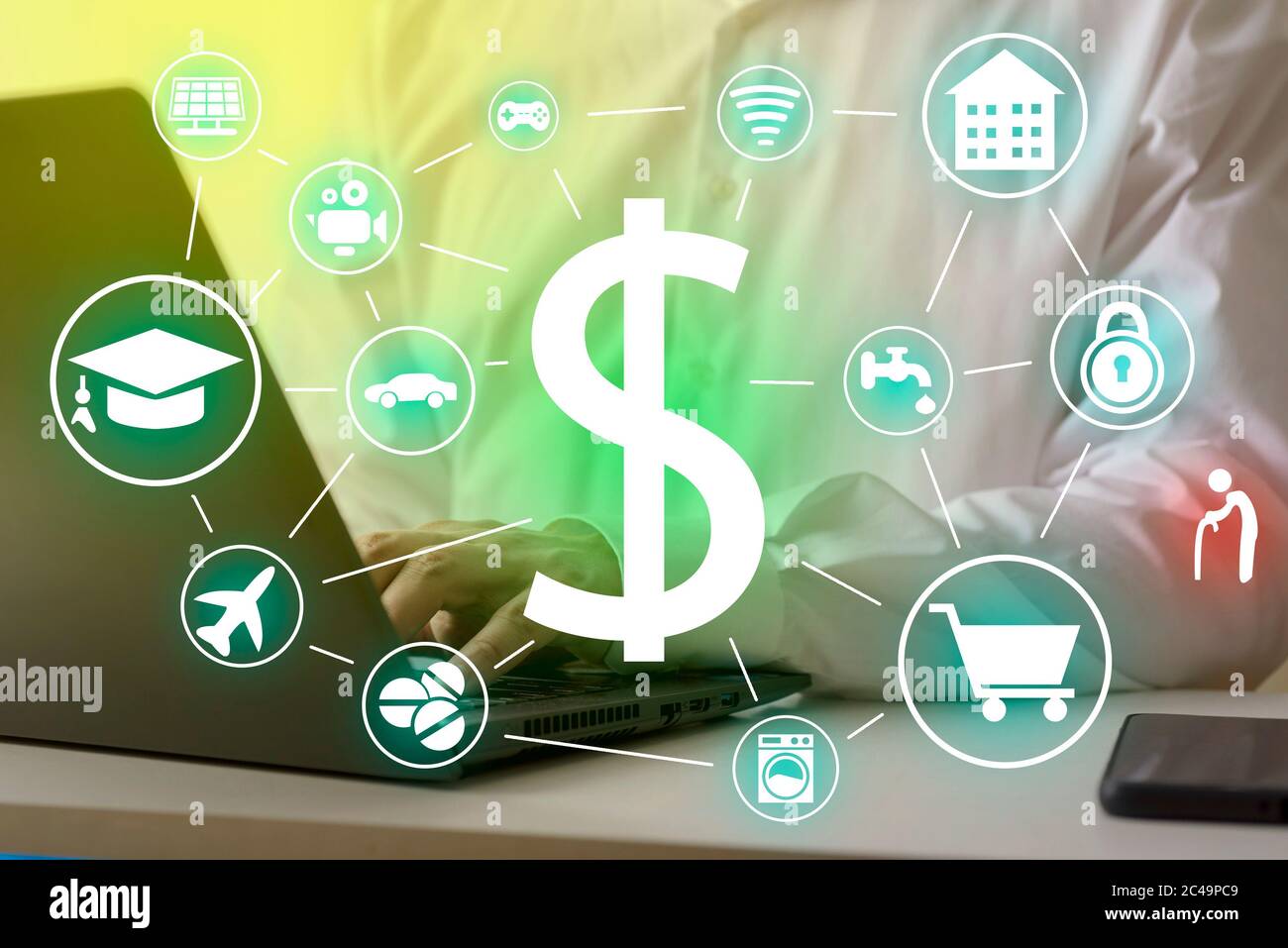 Icon of money and how to spend money on the computer background. The ...