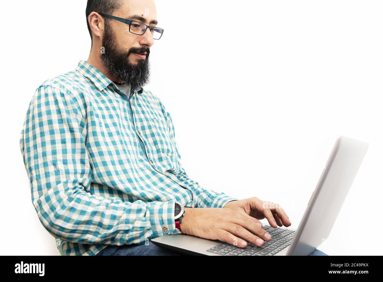 man isolated on white background typing on a laptop, communication and ...