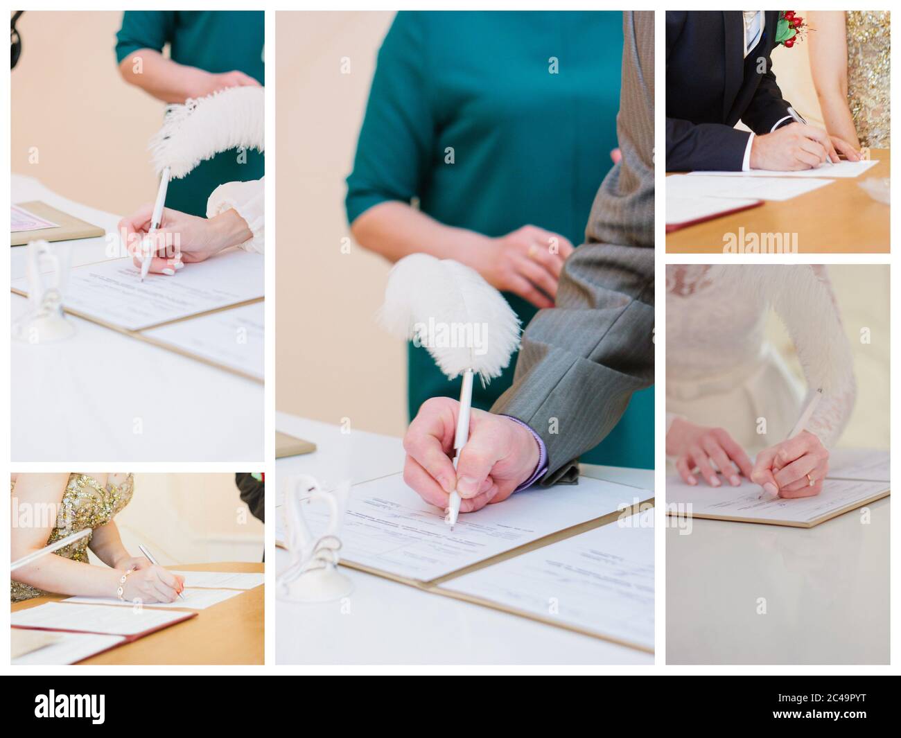 Wedding registration process. Bride and groom sign in the registration ...