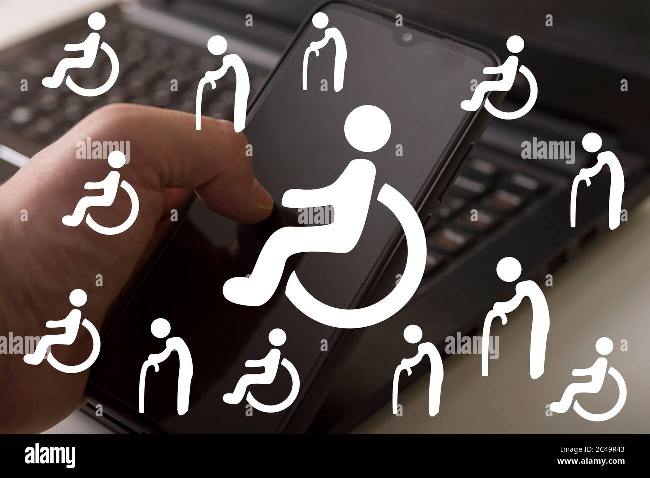 Disabled icons on the computer background. Assistance to the disabled ...