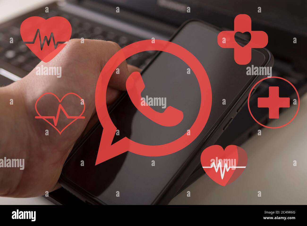 Medical icons on the laptop background. Assistance 24 hours a day ...