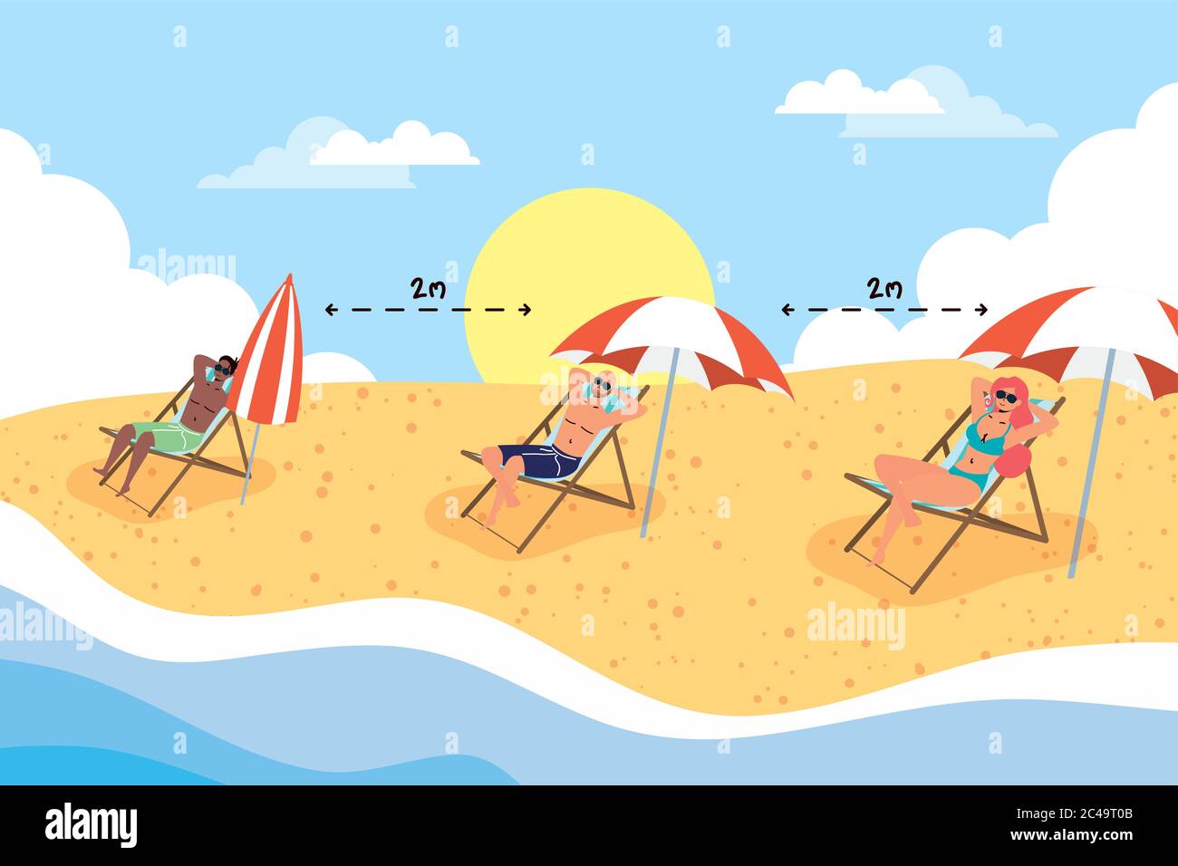 people on the beach practicing social distancing scene ,summer time ...
