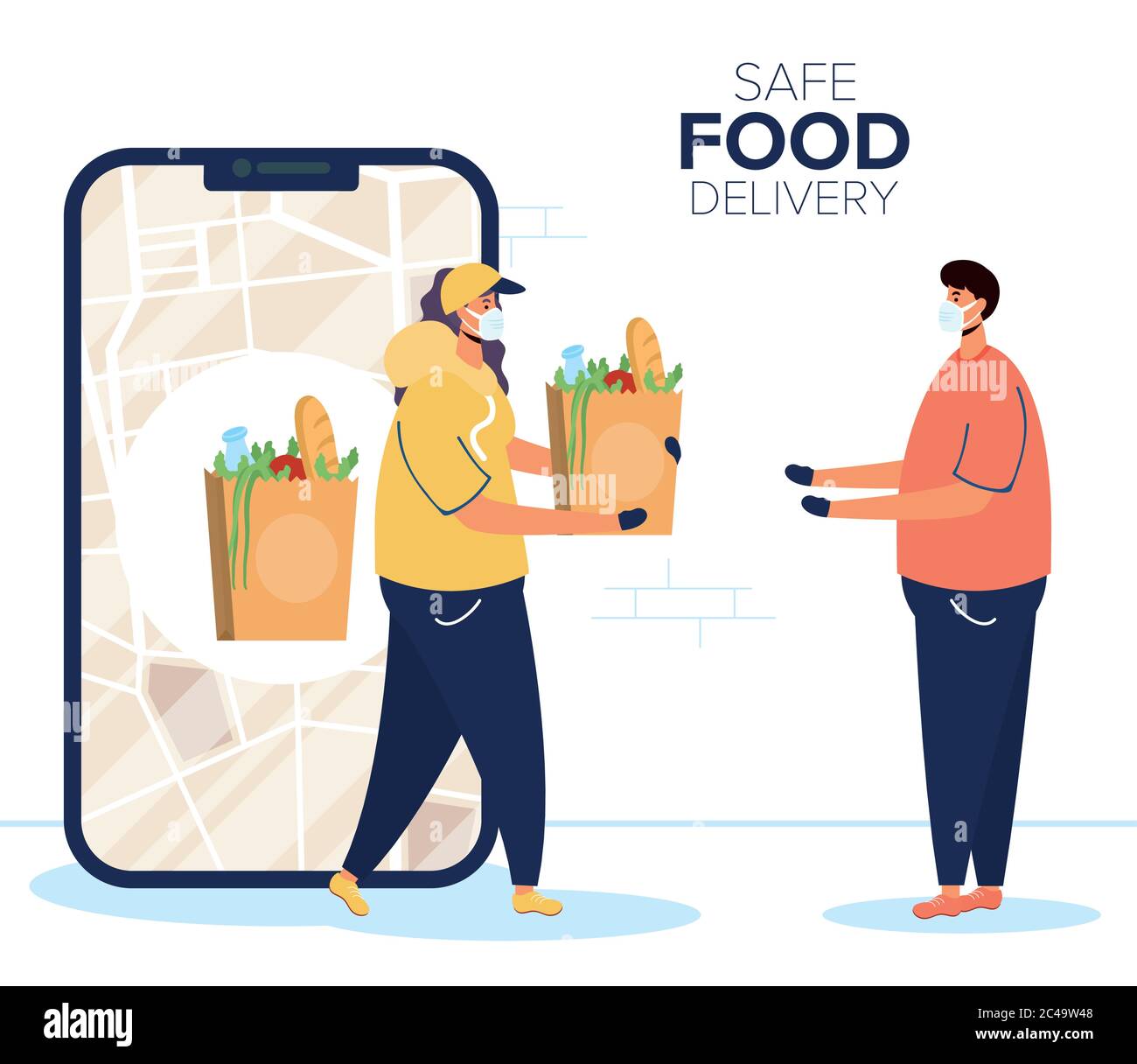 safe food delivery female worker with groceries bag and client in ...