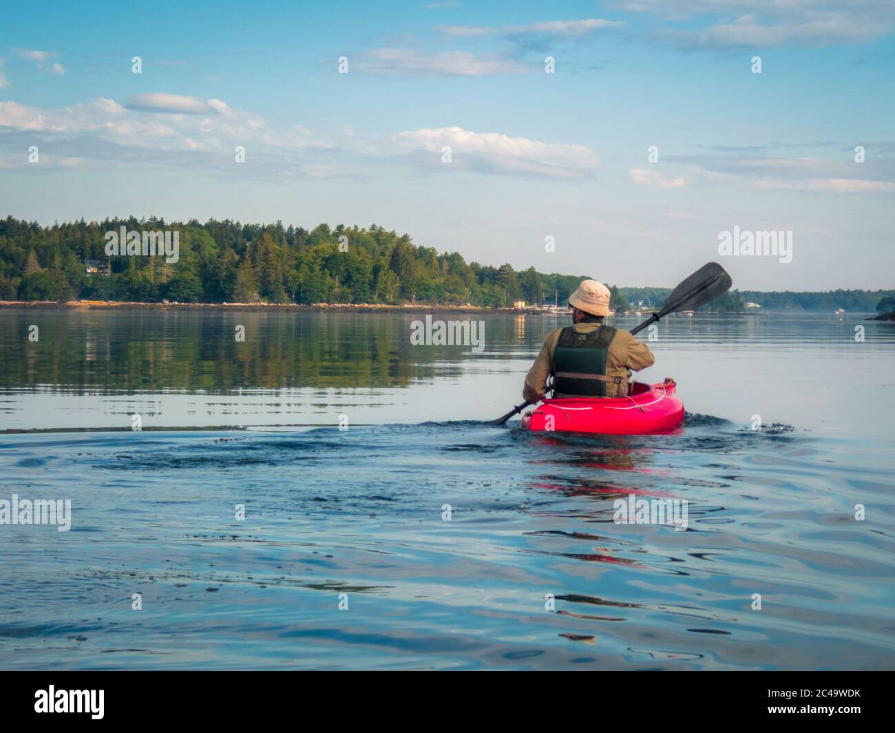Red kayak paddles on calm water in Maine summer morning Stock Photo - Alamy