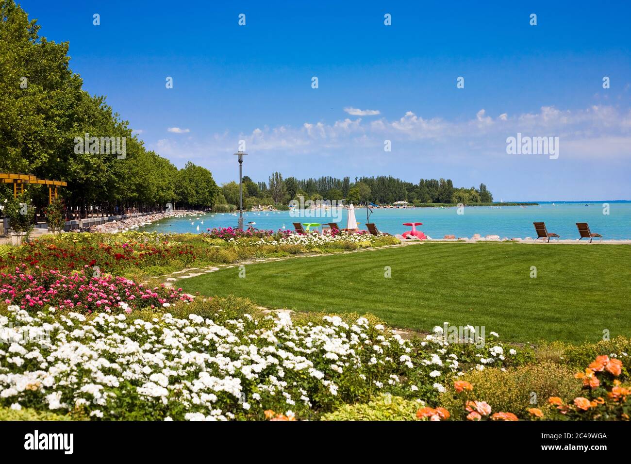 Lake Balaton beach and flower garden at Balatonfured, Hungary Stock ...