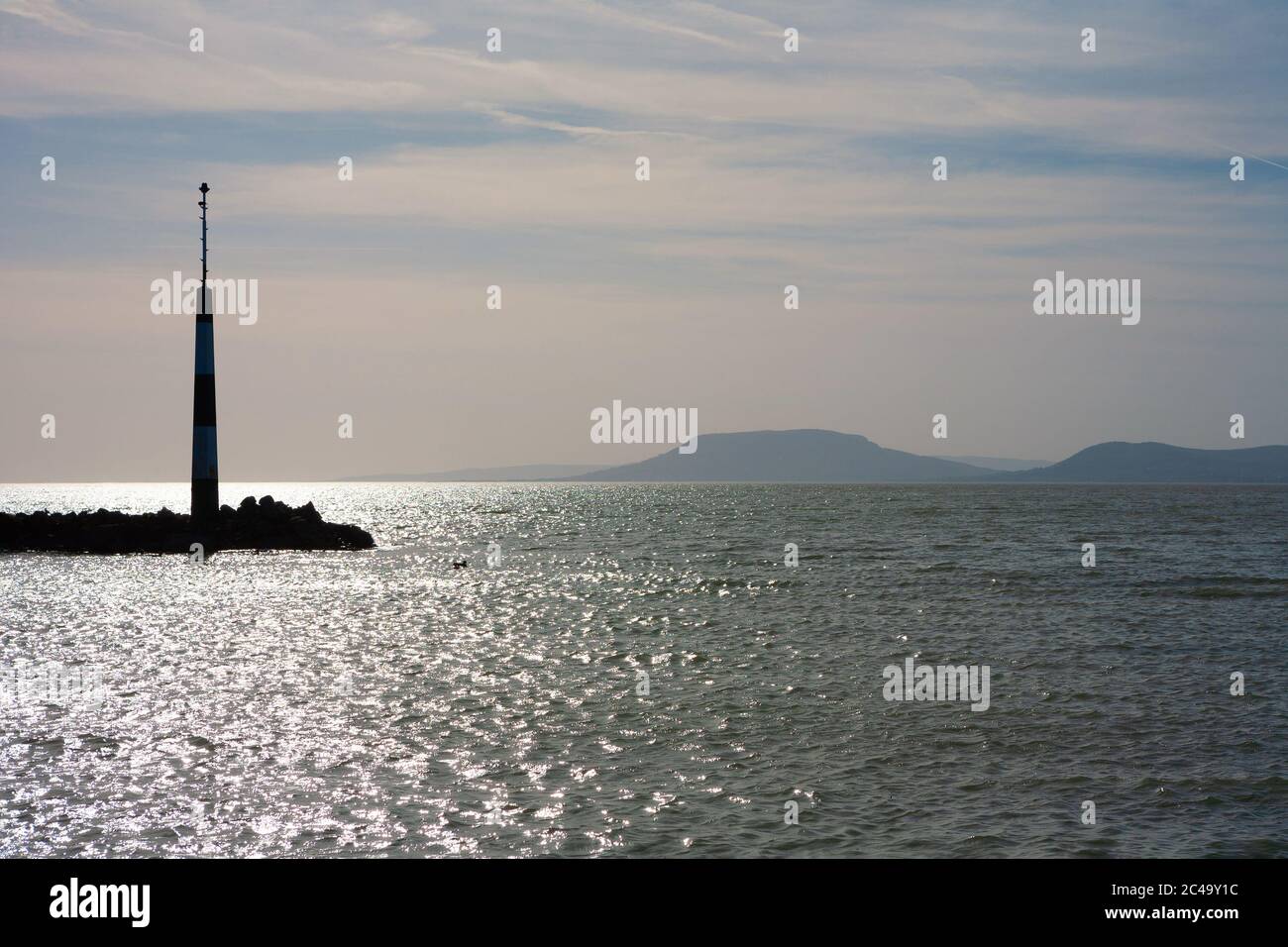 Lake Balaton, Balatonlelle’s pier with beacon and the Badacsony ...
