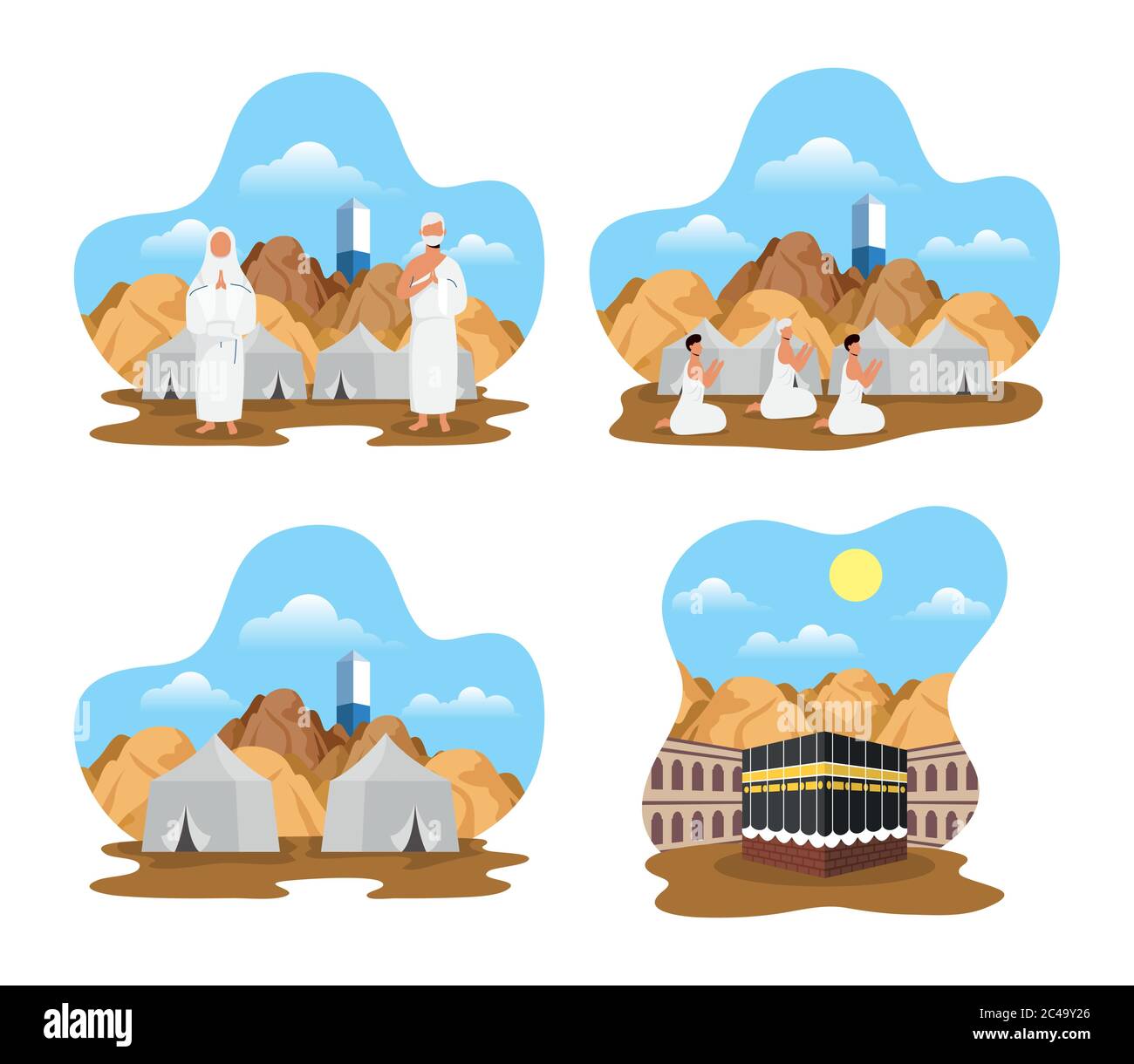 Hajj pilgrimage with people and icons scenes vector illustration design ...