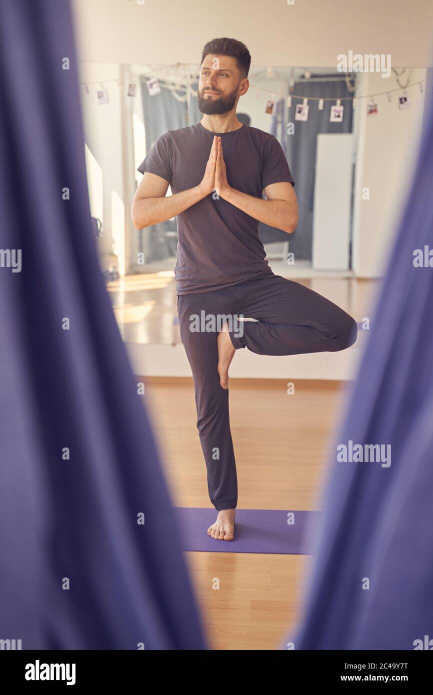 Bearded young man doing yoga tree pose Stock Photo - Alamy