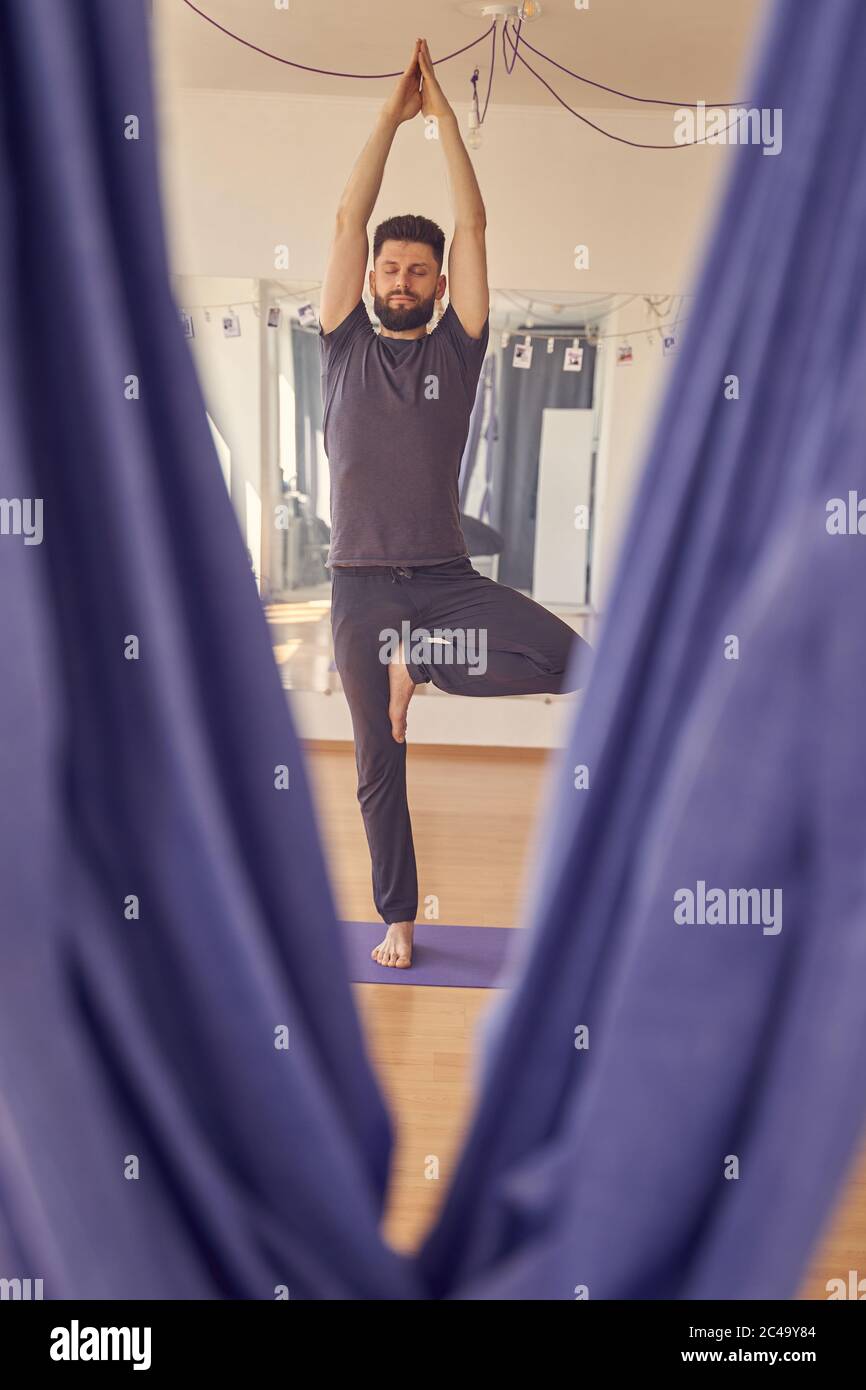 Handsome serene man doing yoga tree pose Stock Photo - Alamy