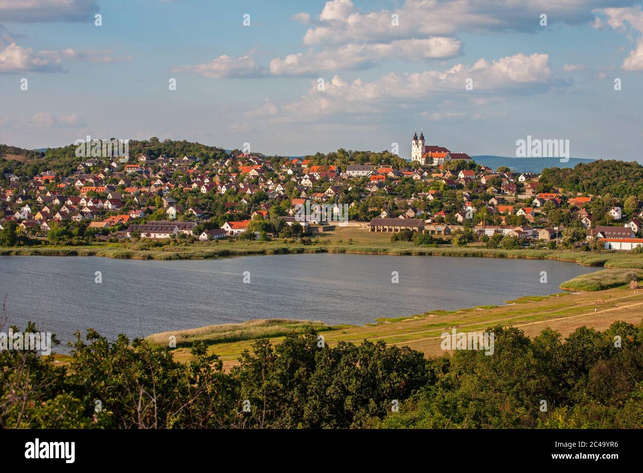 View of famous Tihany Abbey and village with the Inner lake at lake ...