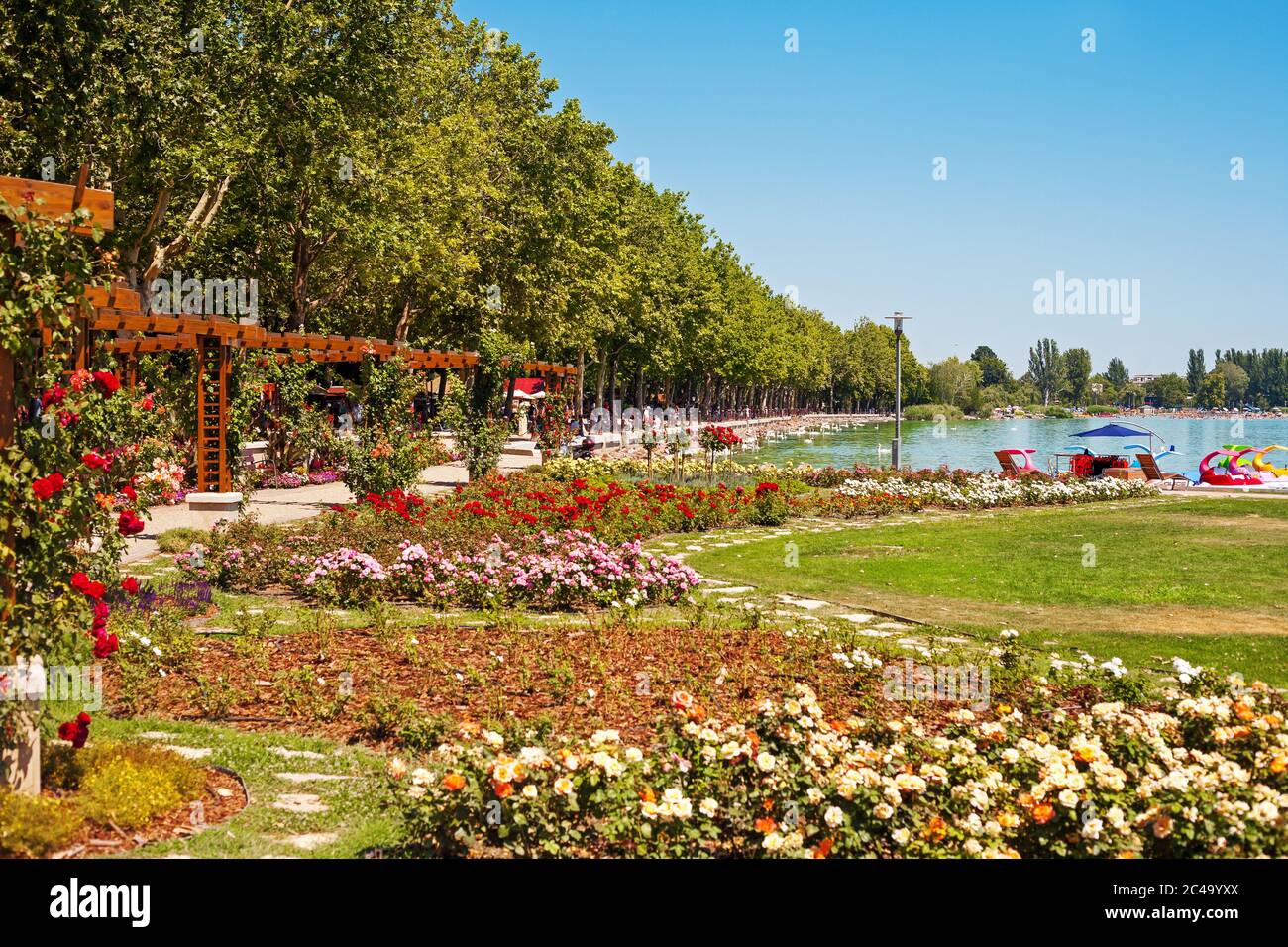 Lake Balaton beach and flower garden at Balatonfured, Hungary Stock ...