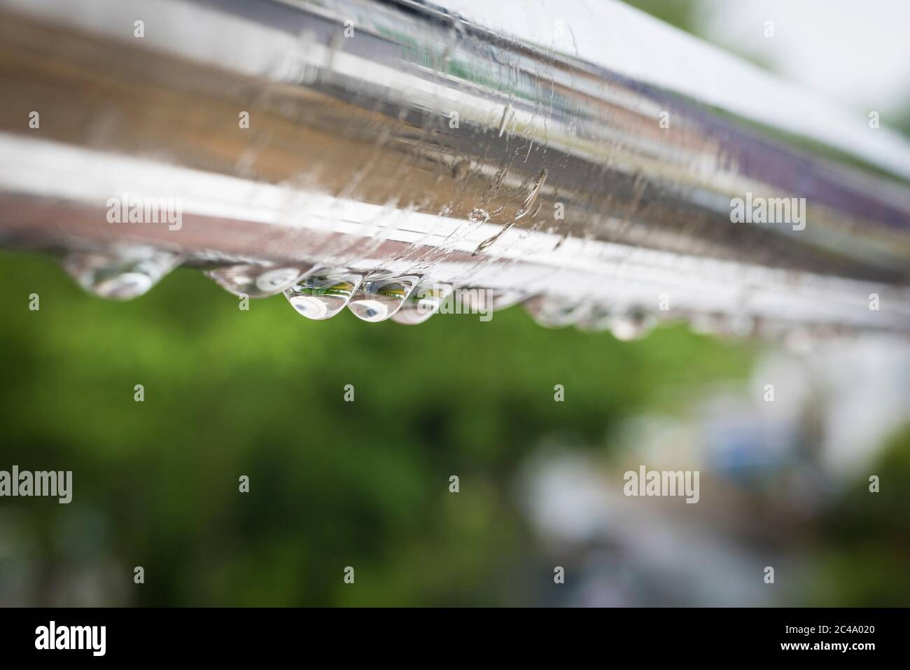 Droplets of rain water on a stainless steel hand rail Stock Photo - Alamy